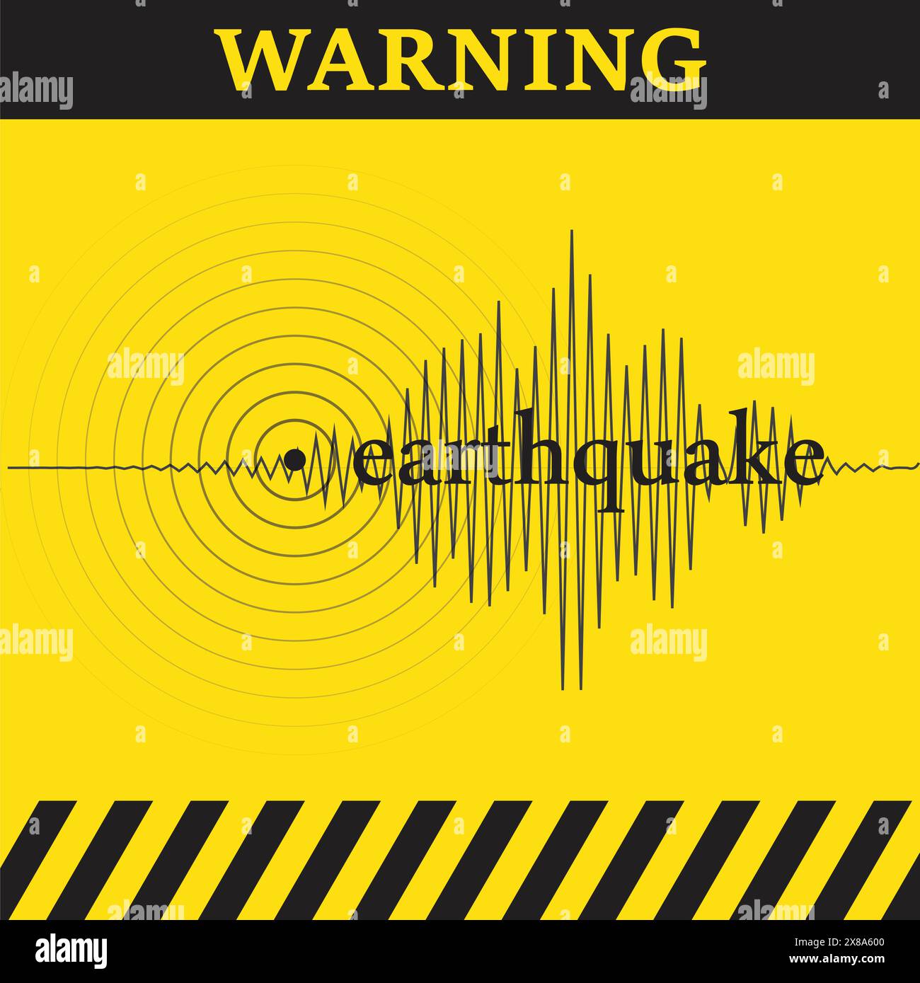 Warning symbol on yellow background with seismograph waves and text ...