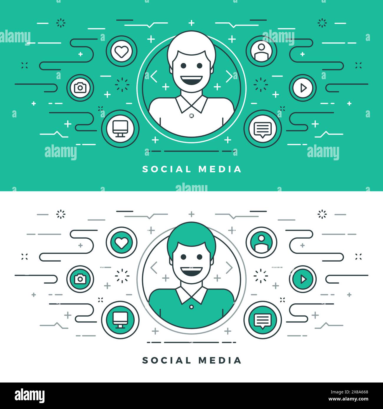 Flat line Social Media and Network Concept Vector illustration. Modern ...