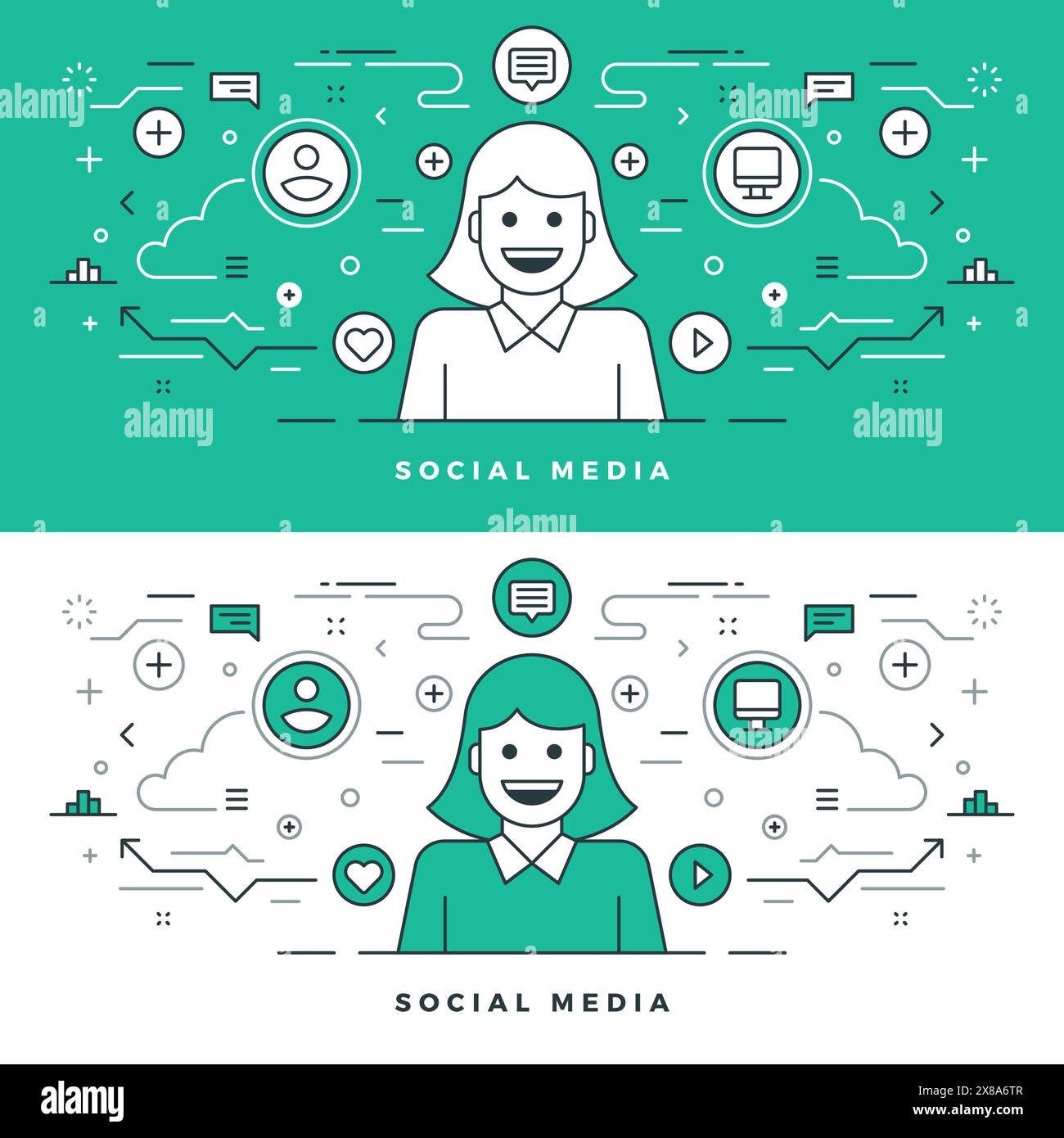 Flat line Social Media and Network Concept Vector illustration. Modern ...