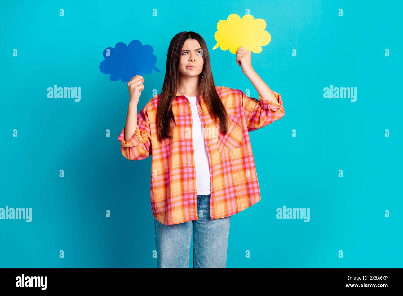 Photo of nice young girl empty space mind bubble wear plaid shirt ...