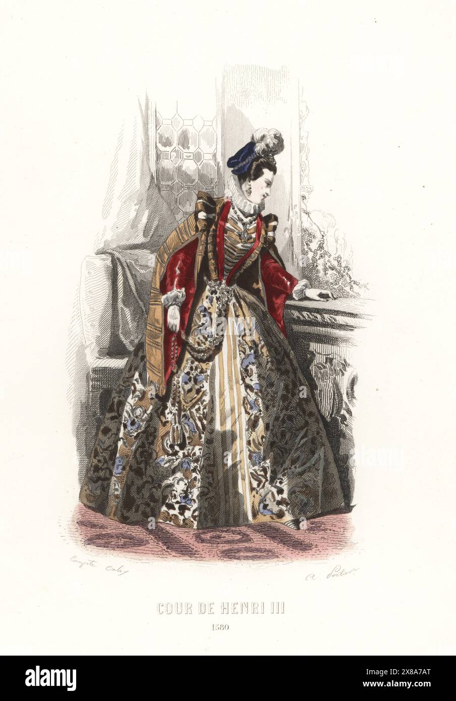 Noblewoman at the court of Henry III of France, 16th century. In plumed ...