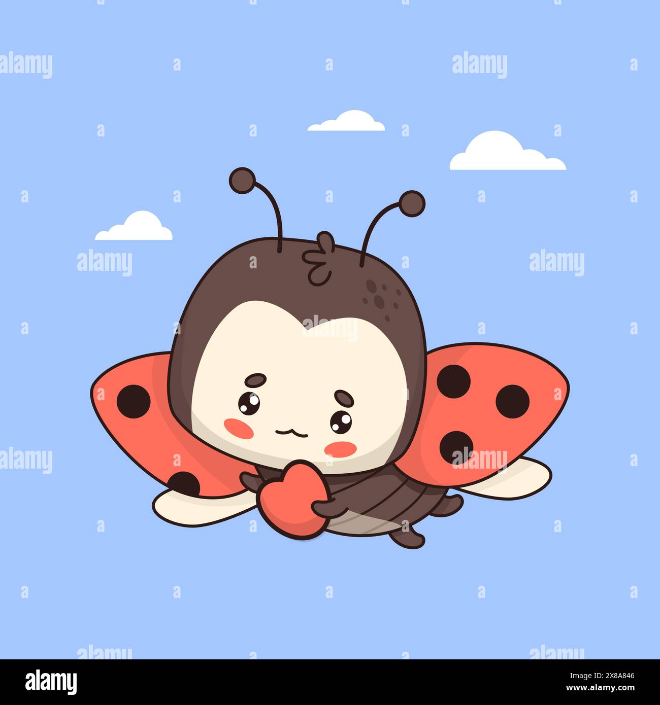Flying ladybug with heart. Cute cartoon insect kawaii character. Vector ...