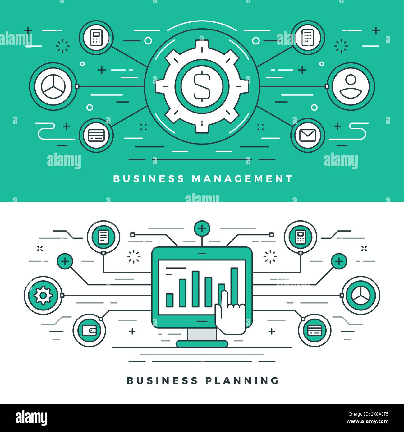 Flat line business management and planning concept vector illustration ...