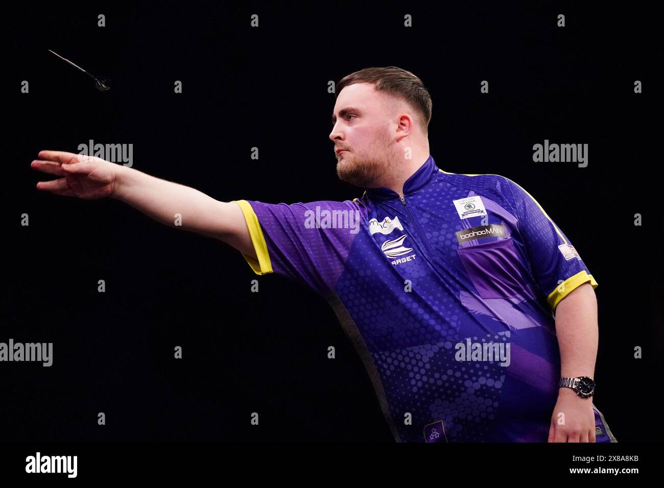 London, UK. 23rd May, 2024. Luke Littler throws during the 2024 BetMGM ...