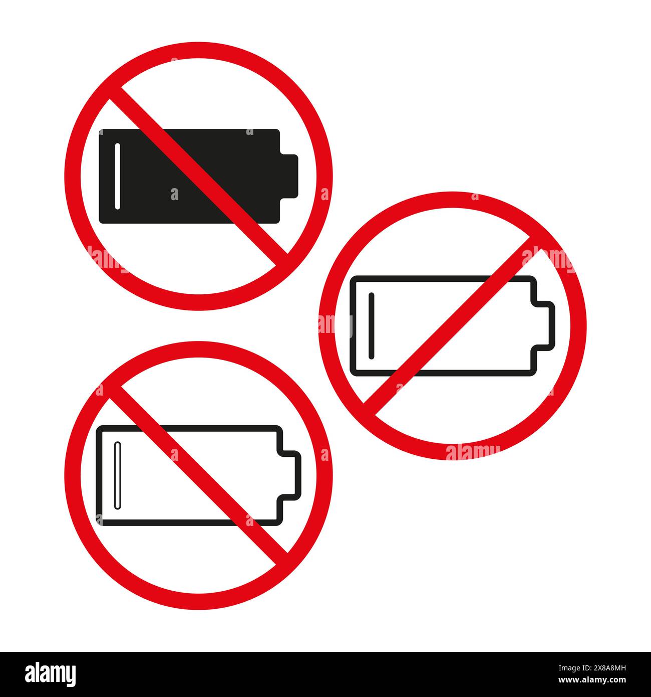 Battery prohibition signs. No charge allowed. Power restriction Vector ...