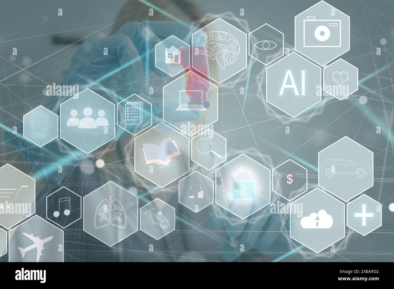 Artificial intelligence service business web computing IoT integration concept. AI gear icon on ...