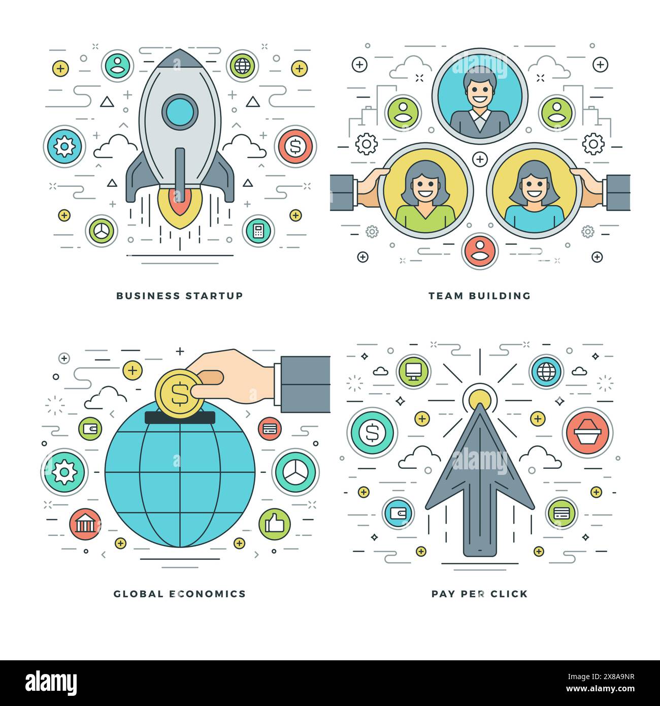 Flat line Start up, Team Building, Global Economics, Business Success ...
