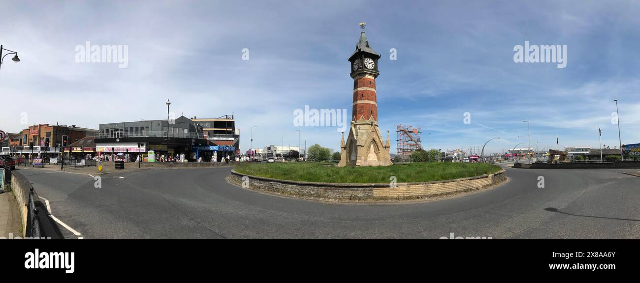Panoramic view of Skegness seafront with the clock tower in the centre ...