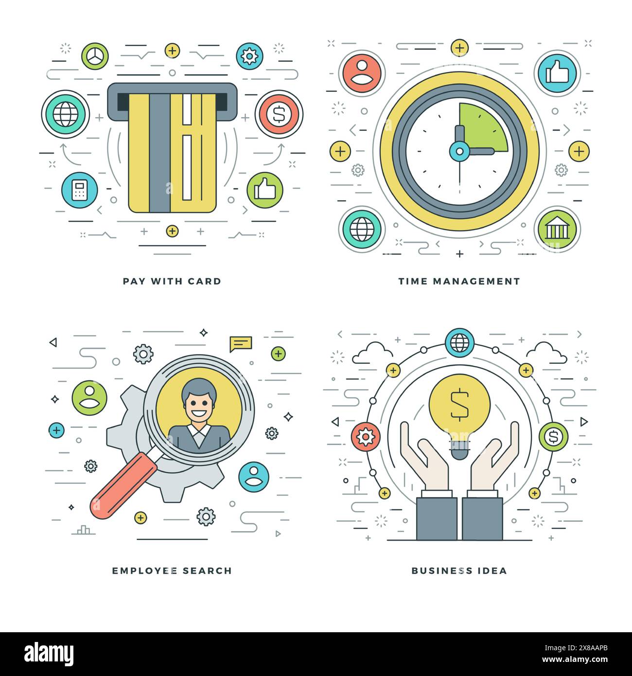 Flat line Employee Search, Payment, Time Management, Business Idea Concepts Set Vector ...