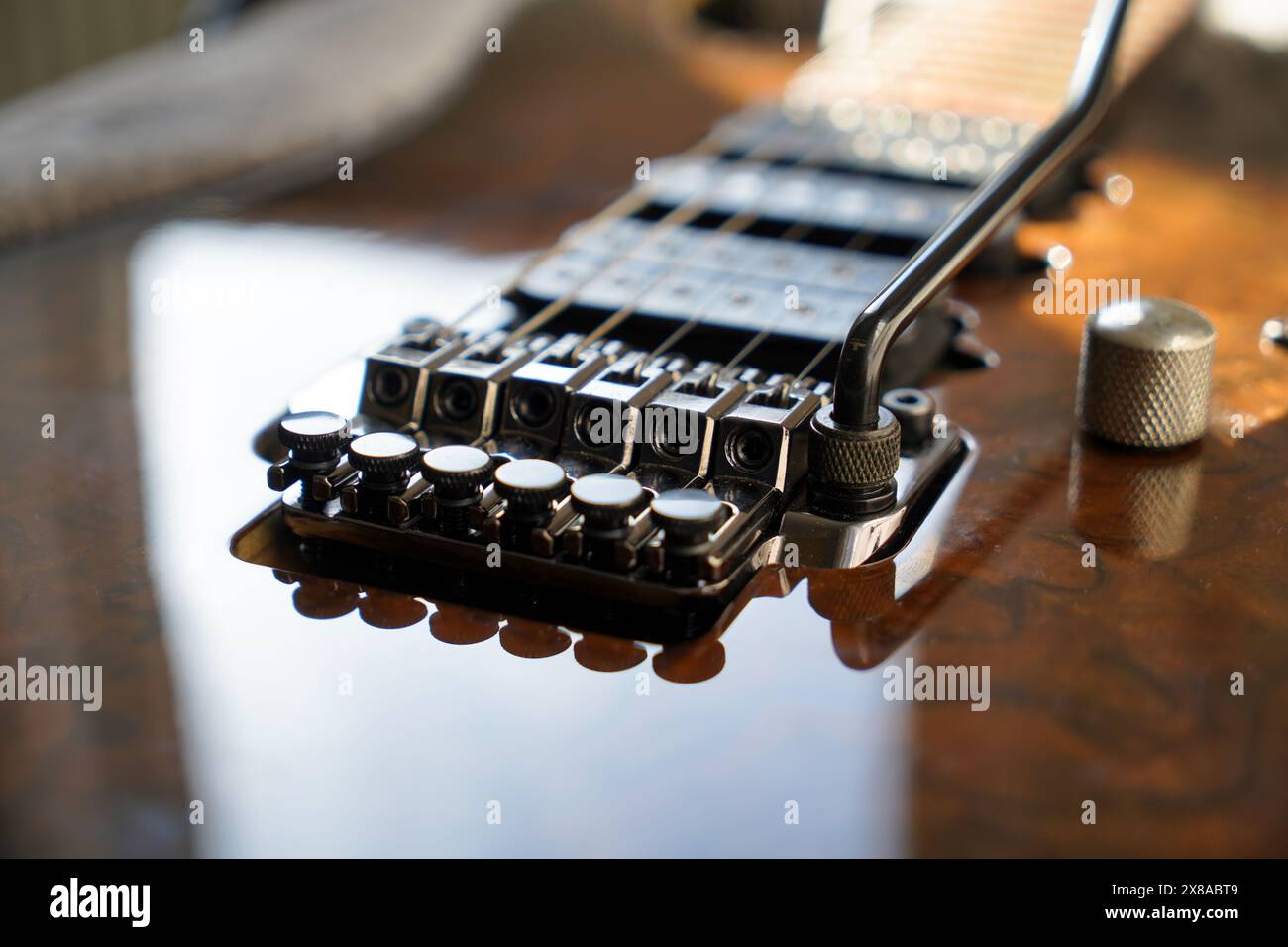Electric guitar bridge, strings and pickup, detail close-up view of ...