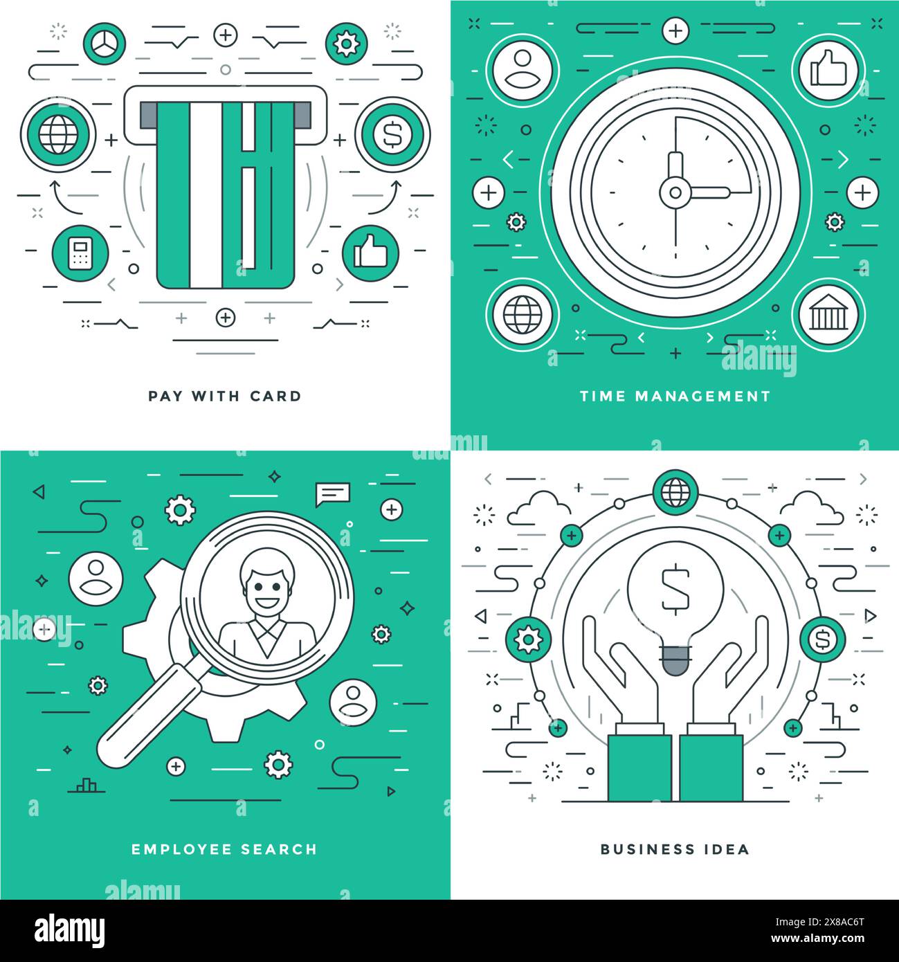 Flat line Employee Search, Payment, Time Management, Business Idea Concepts Set Vector ...