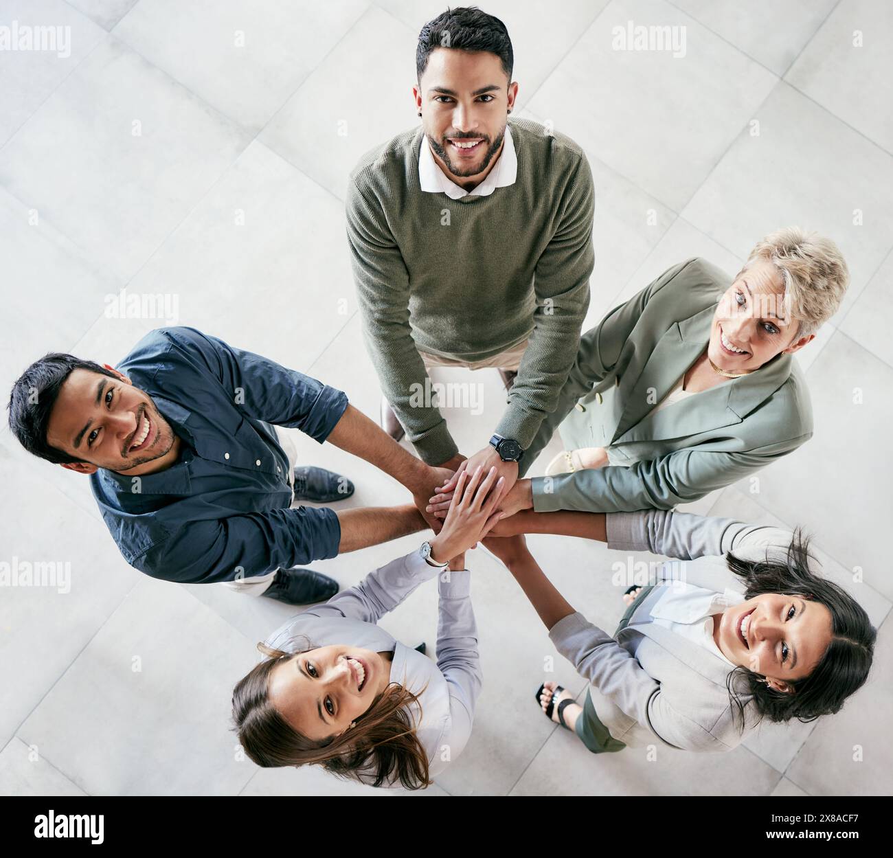 Group, business people and hands in circle with portrait for ...