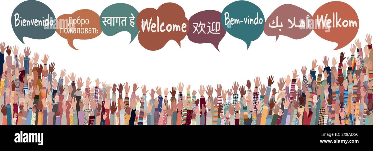 Hand raised of multicultural people from different nations and ...