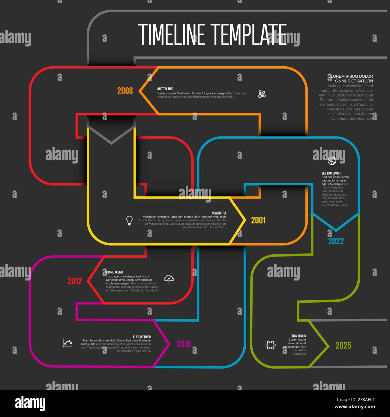 Colorful simple infochart tangle timeline template with arrows on thick ...