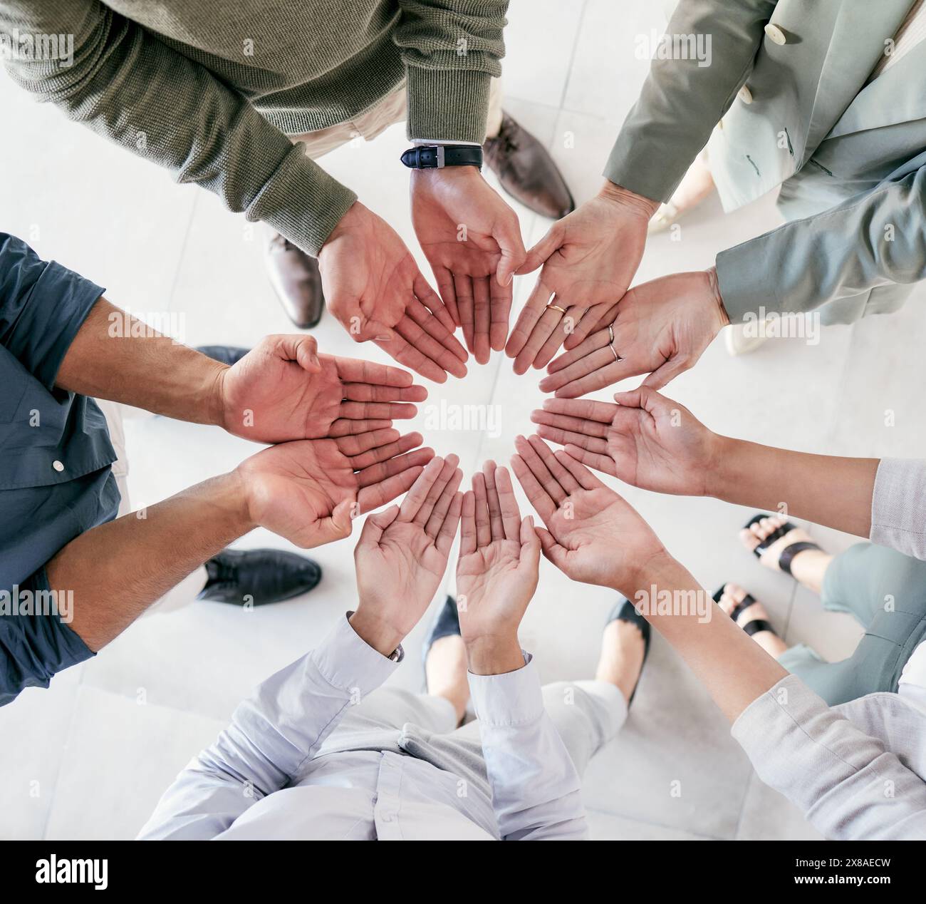 Business people, collaboration and hands in circle for synergy, support and solidarity in office ...