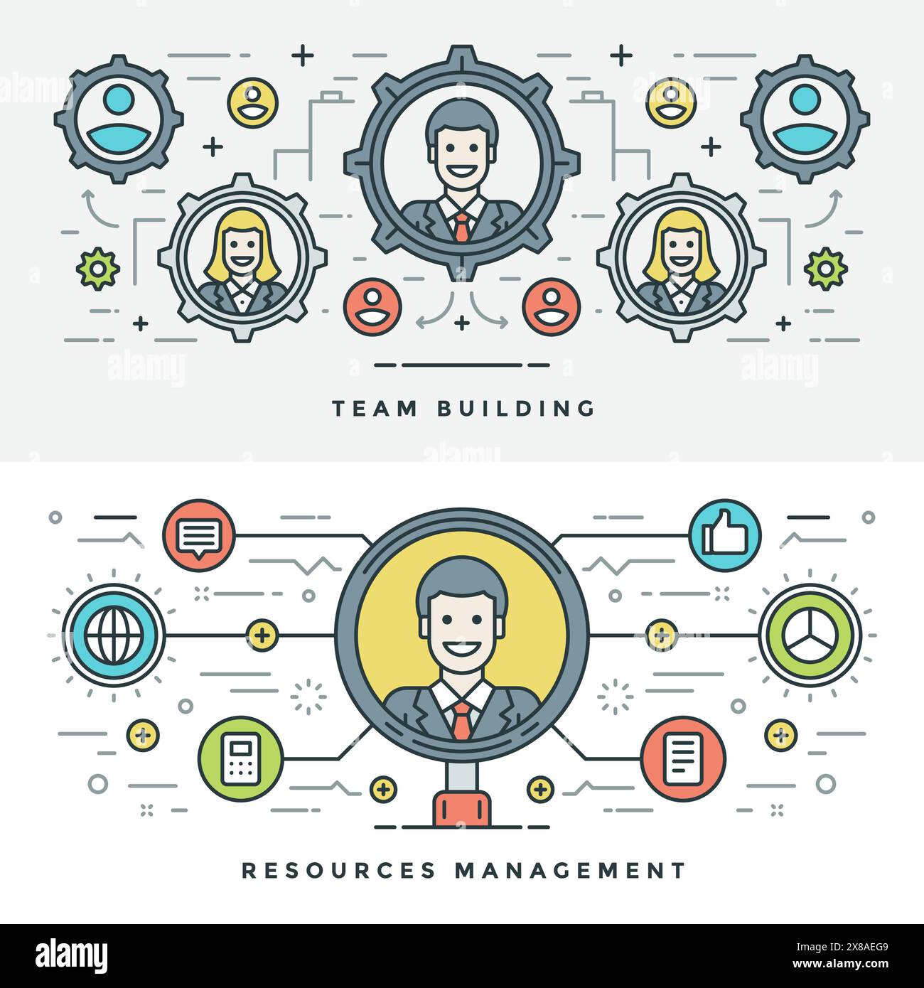 Flat line Team Building and Management. Vector illustration. Modern ...