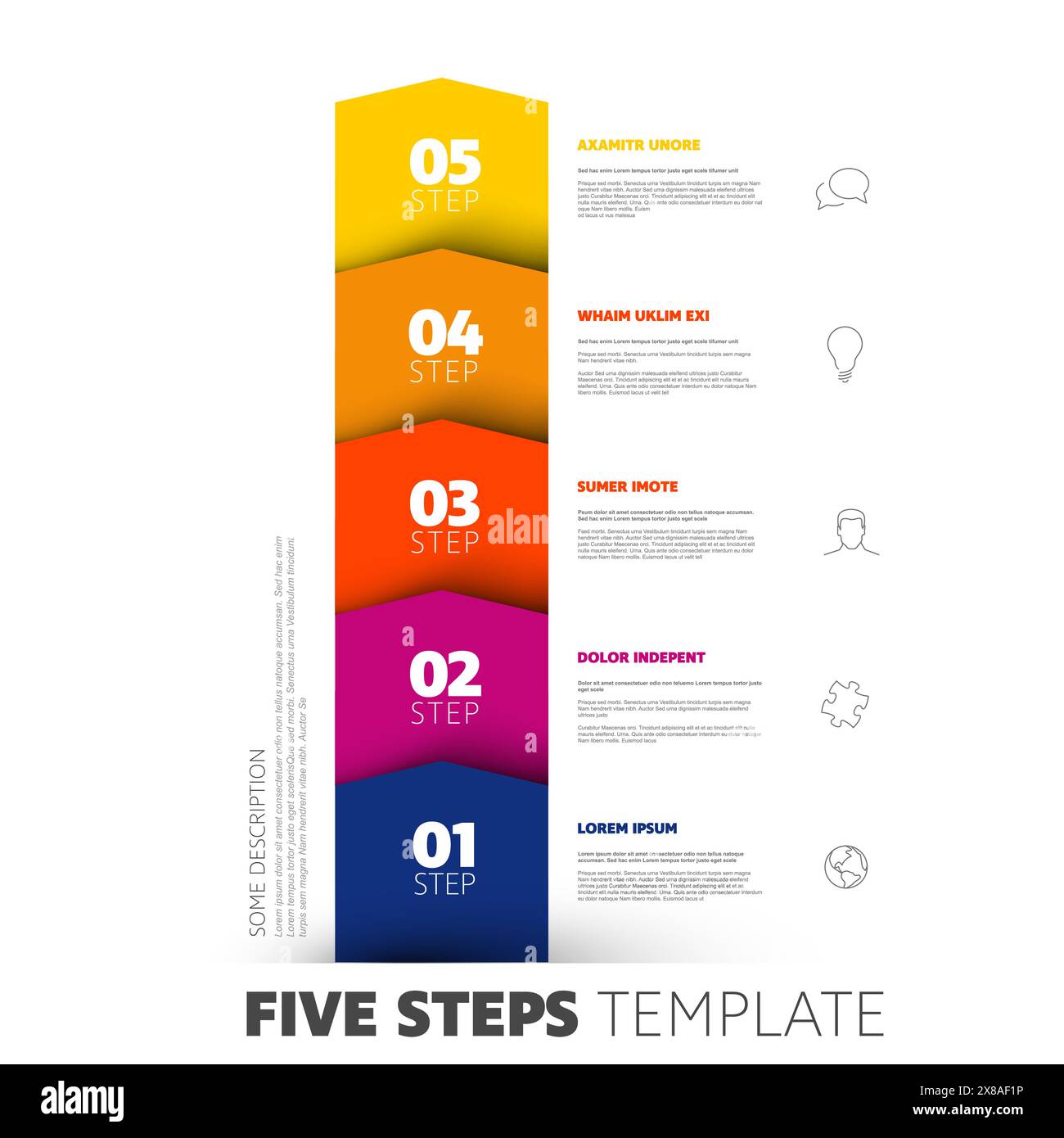 Five yellow red blue steps progress procedure infochart template with descriptions icons titles ...