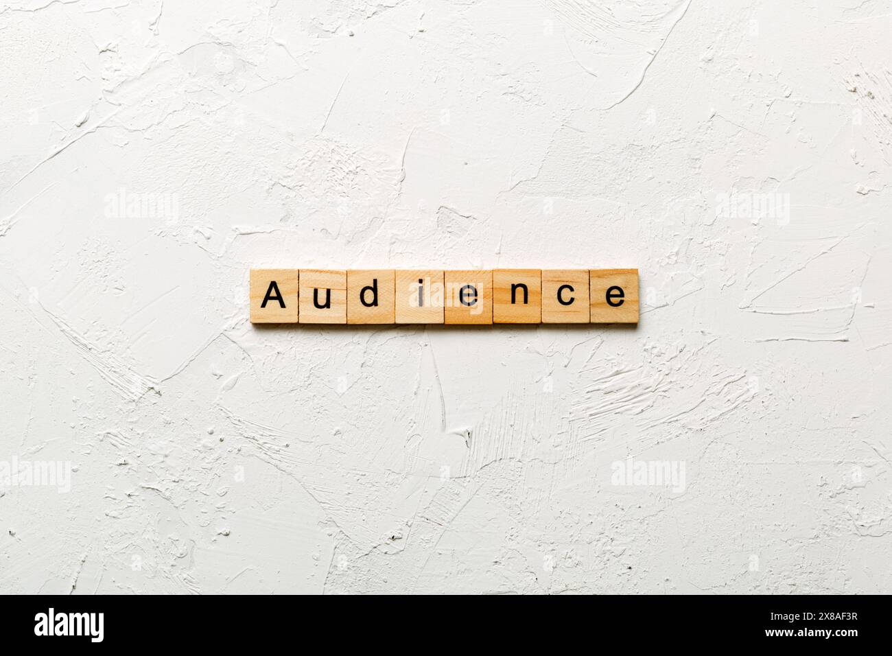 AUDIENCE word written on wood block. AUDIENCE text on cement table for ...