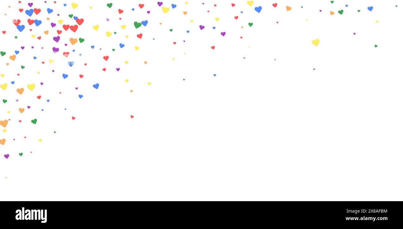 Heart confetti valentine overlay. Rainbow colored scattered hearts. LGBT valentine card. Joyfull ...