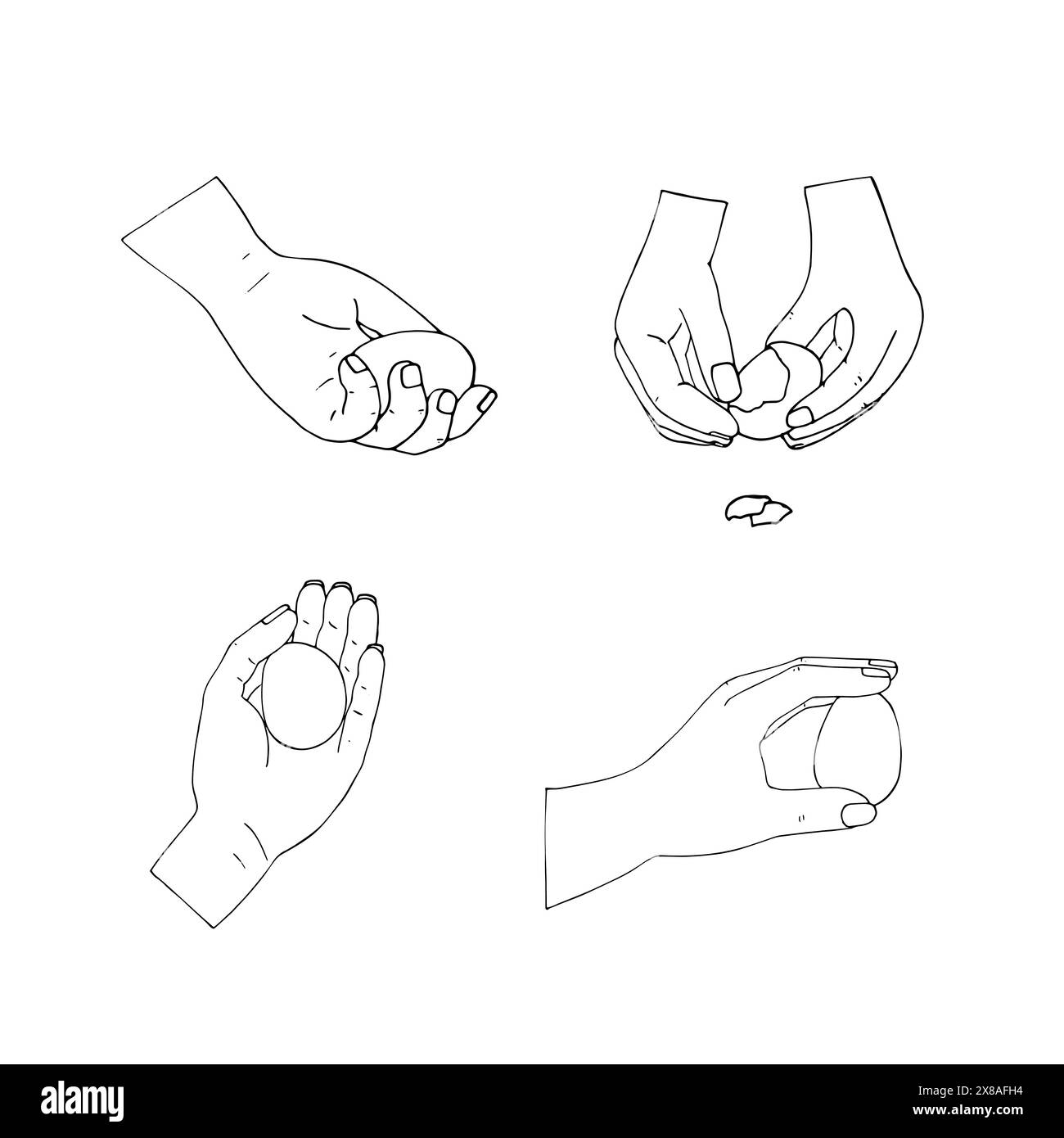 А hand holding the egg. Hands peel the egg. Hand-drawn isolated ...