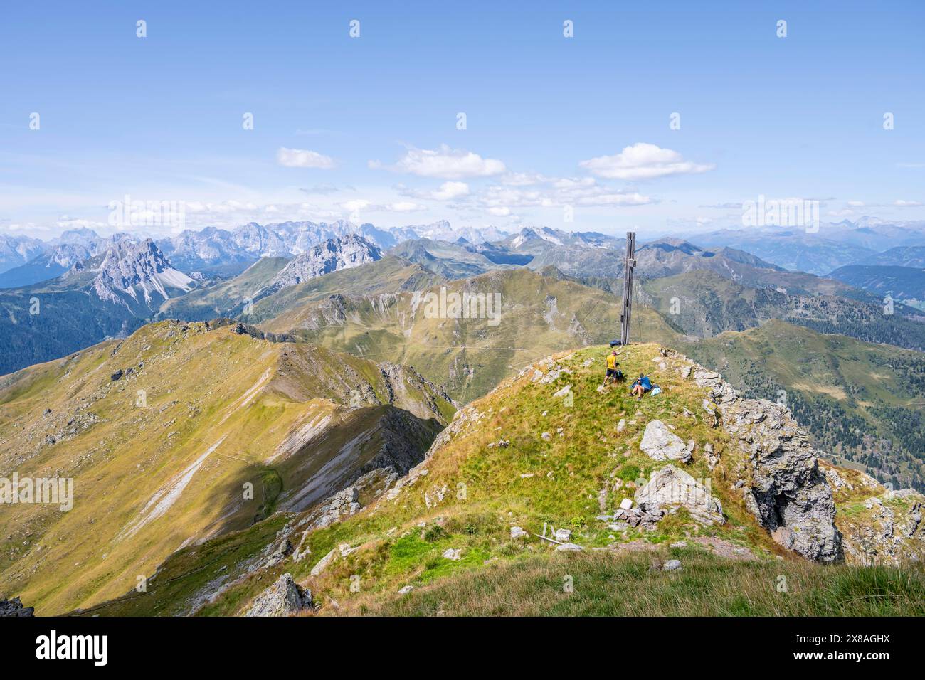 Summit of the Hochspitz or Monte Vacomun, view of the mountain ridge of ...