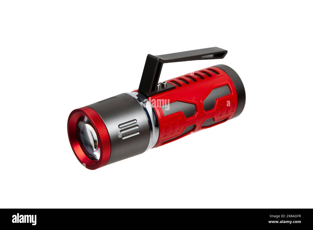 Modern metal LED flashlight in red color. Portable flashlight isolate ...