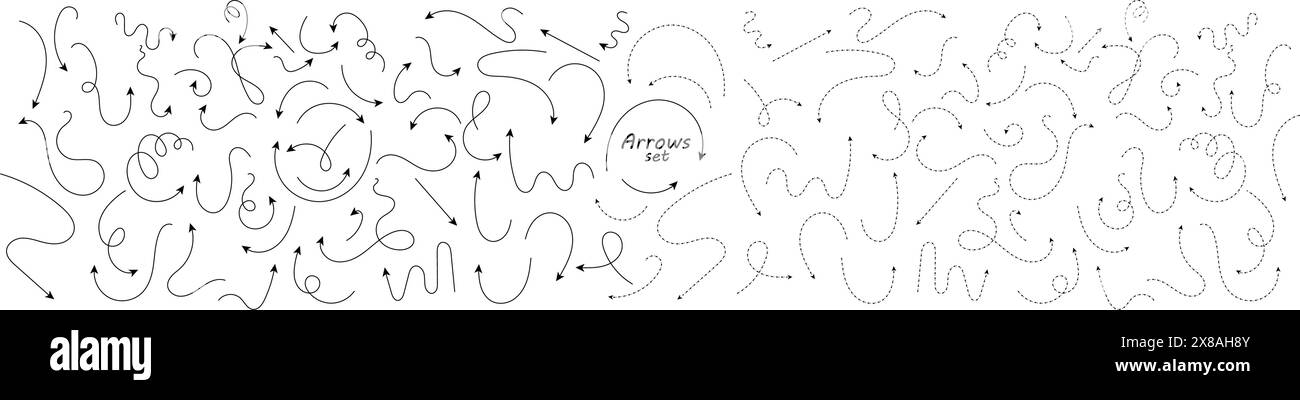 Big set of hand drawn thin line and dash line arrows. Collection of ...