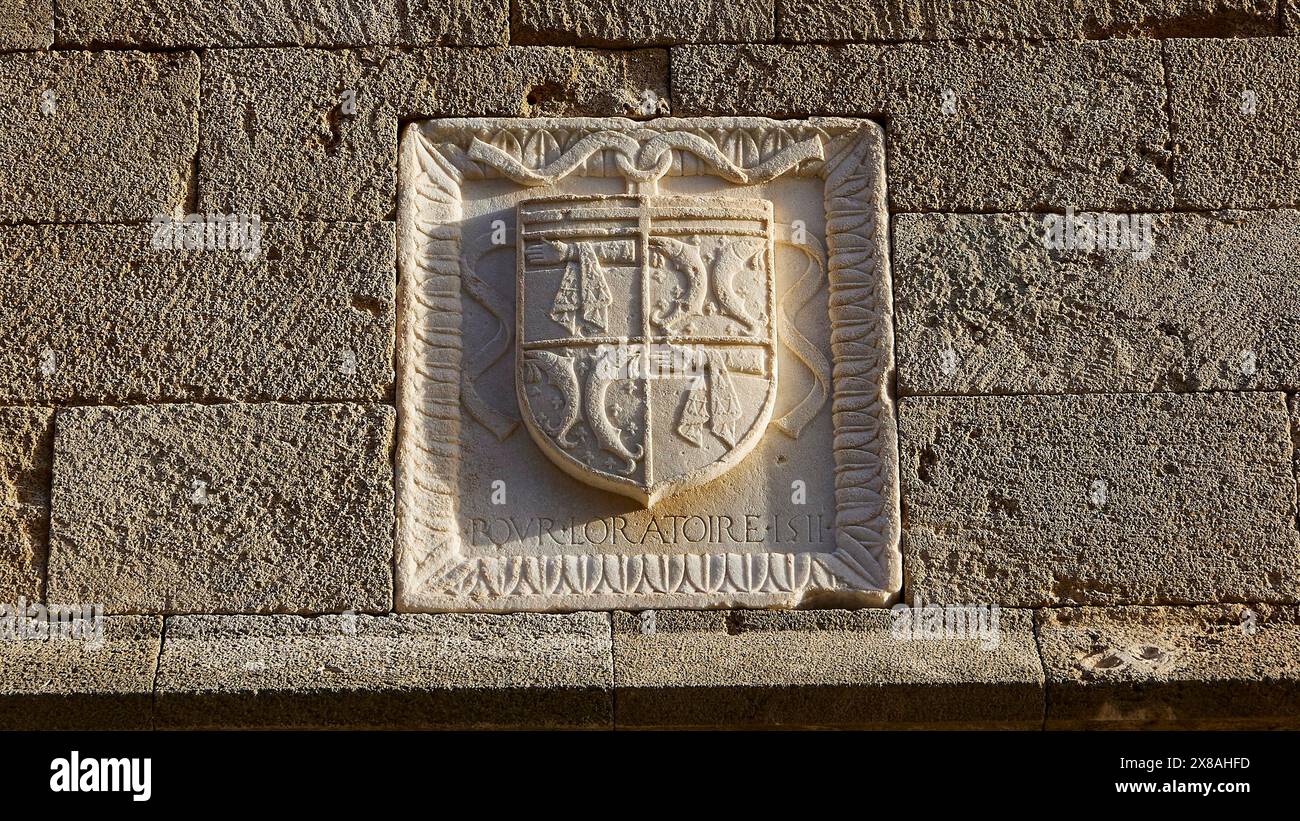 A coat of arms engraved in a stone wall with detailed historical ...