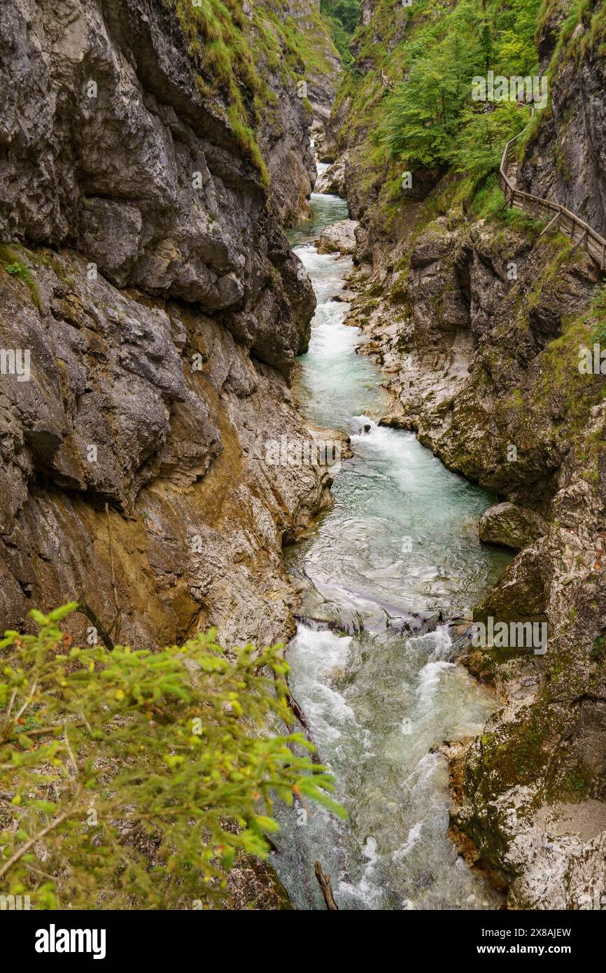 Stream cuts through rugged gorge lined with green slopes, wild mountain ...