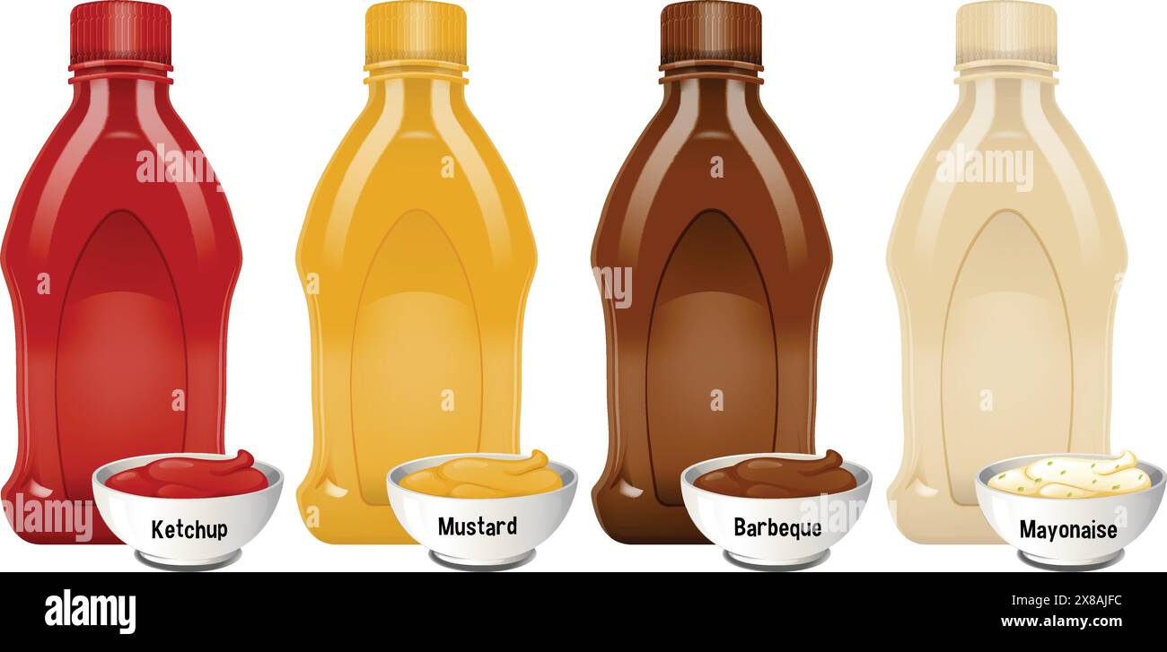 Illustration of ketchup, mustard, barbeque, mayonnaise bottles Stock ...