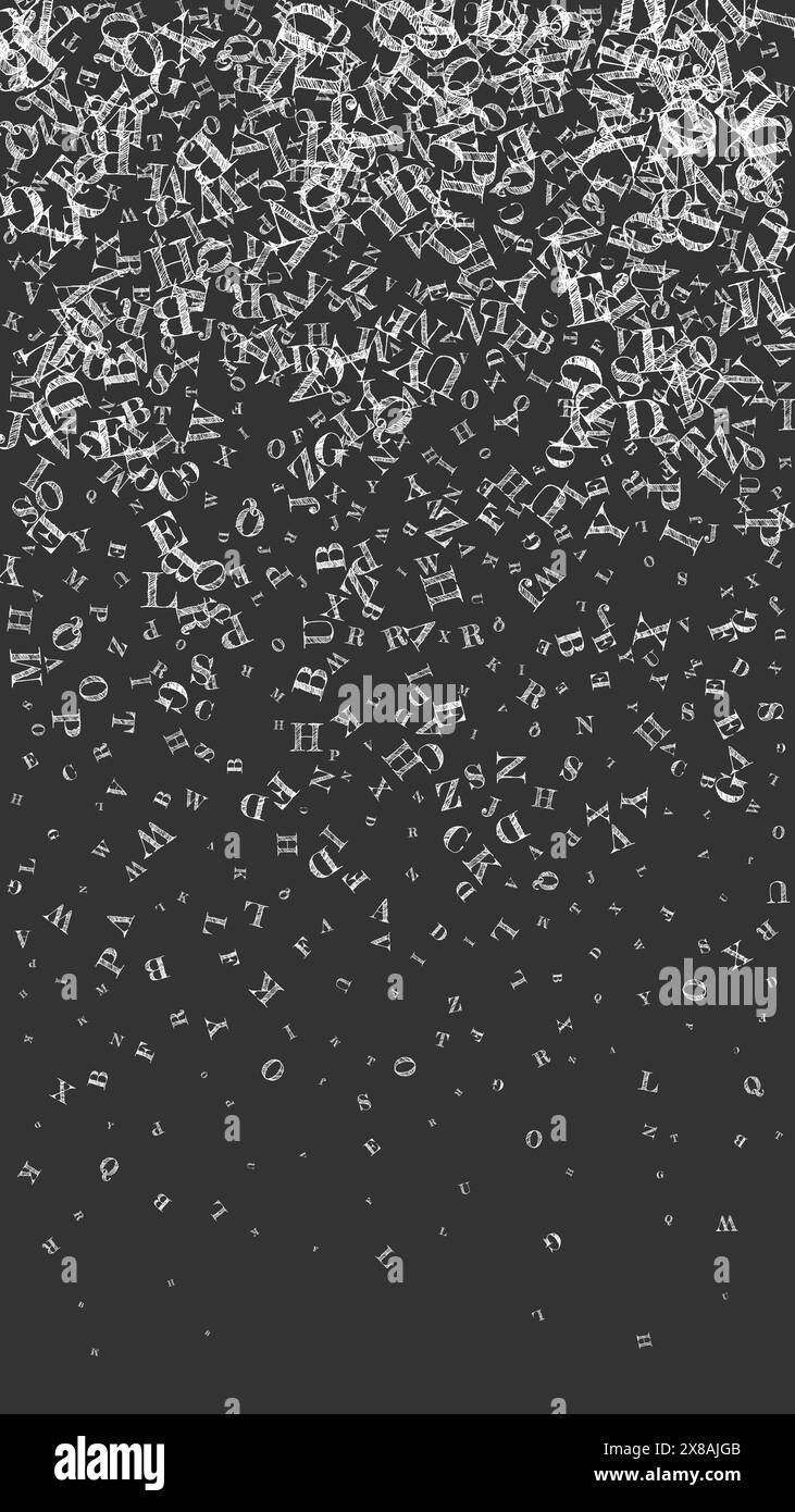 School notebook cover. White chalk floating letters of Latin alphabet ...