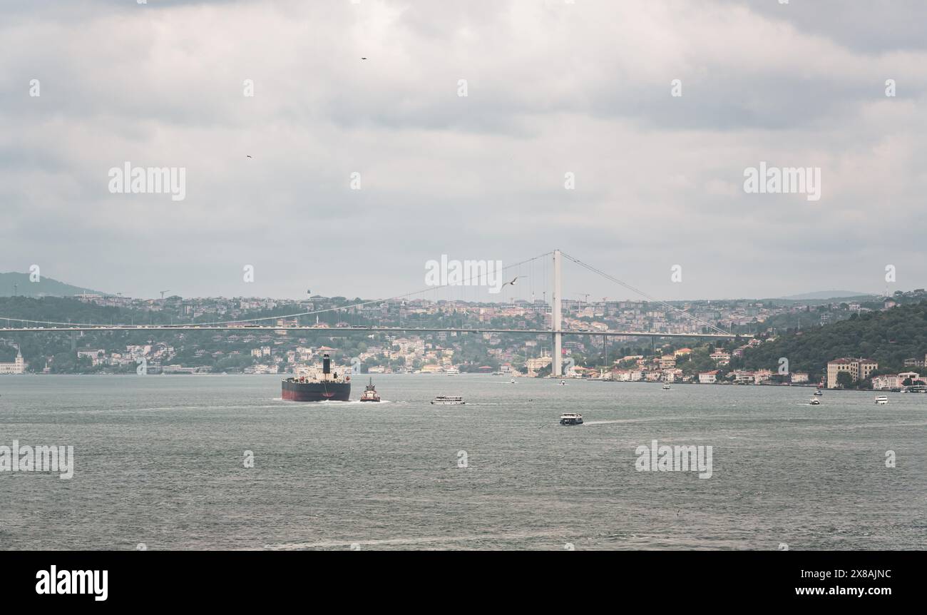 Aerial view of the Bosphorus and the Bosphorus Bridge on a cloudy ...
