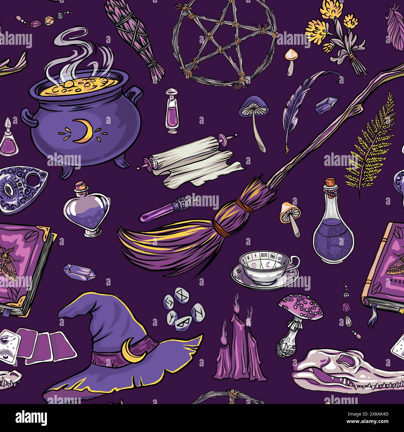 Halloween seamless pattern. Vector background with potion in witch hat. Cute autumn design ...