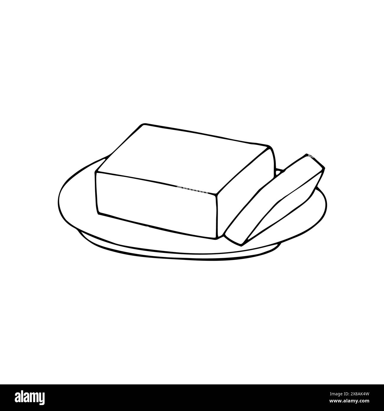 Hand-drawn block of butter on a plate. Baking ingredient butter or ...