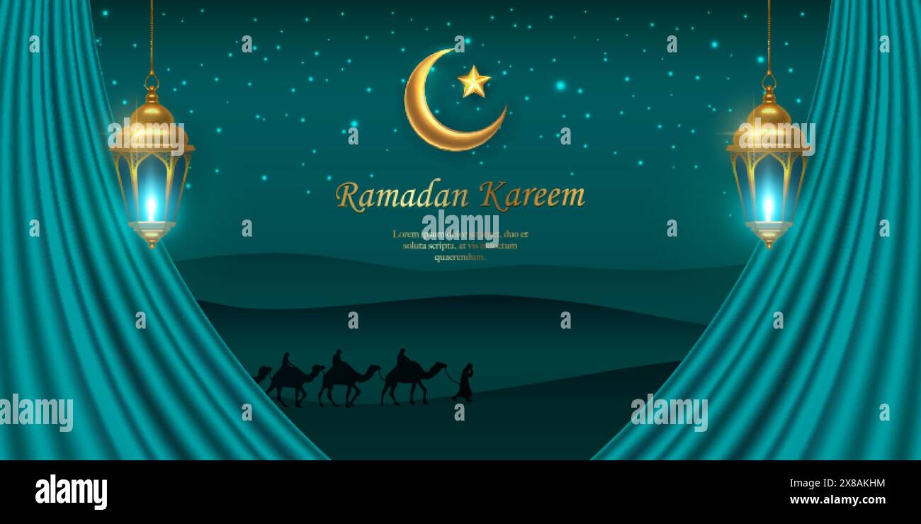 3D Islamic golden lantern star moon satin curtain decoration with ...