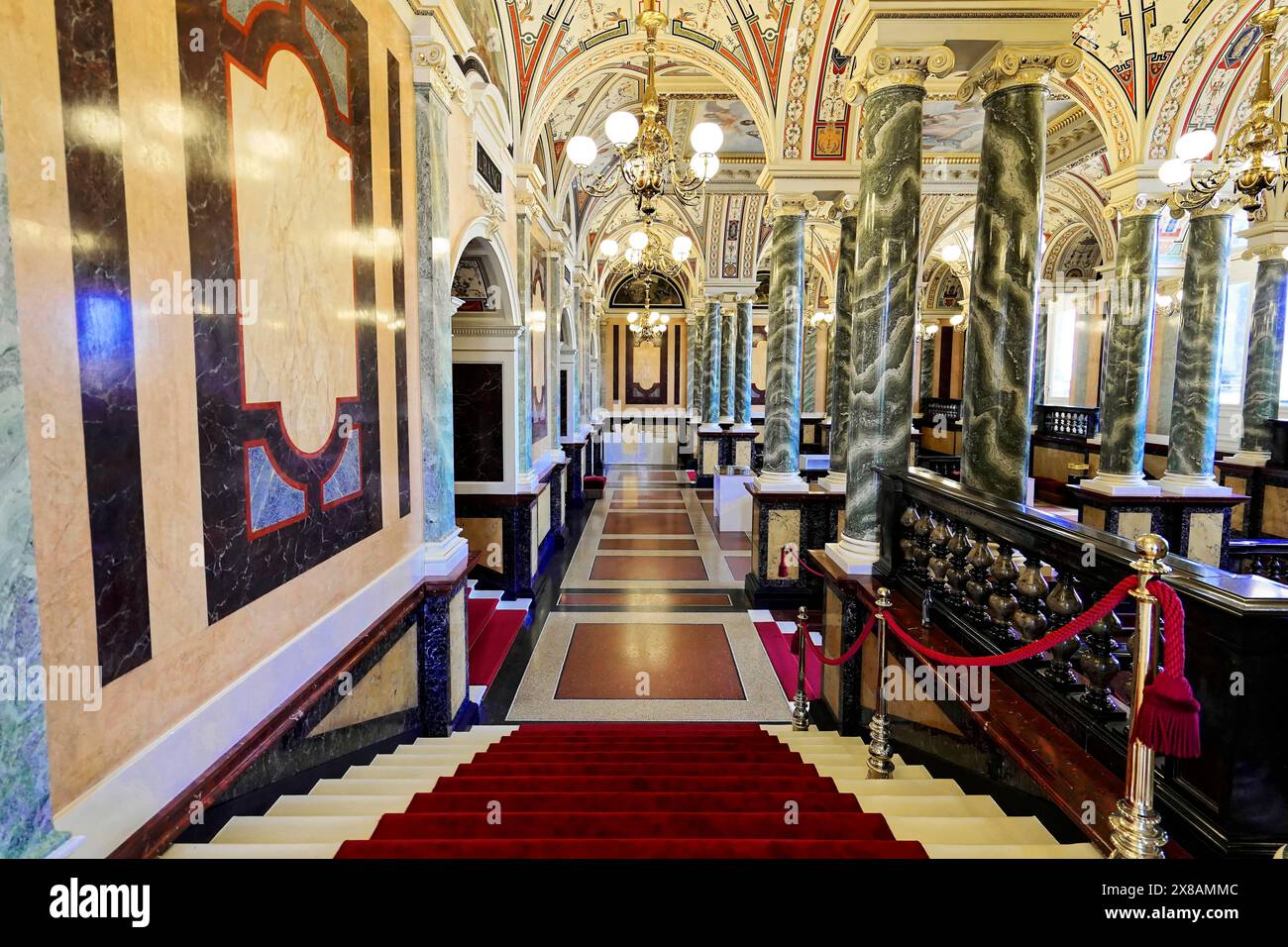 Interior design, Semperoper, Dresden, Saxony, Germany, Europe, Magnificent staircase with red ...