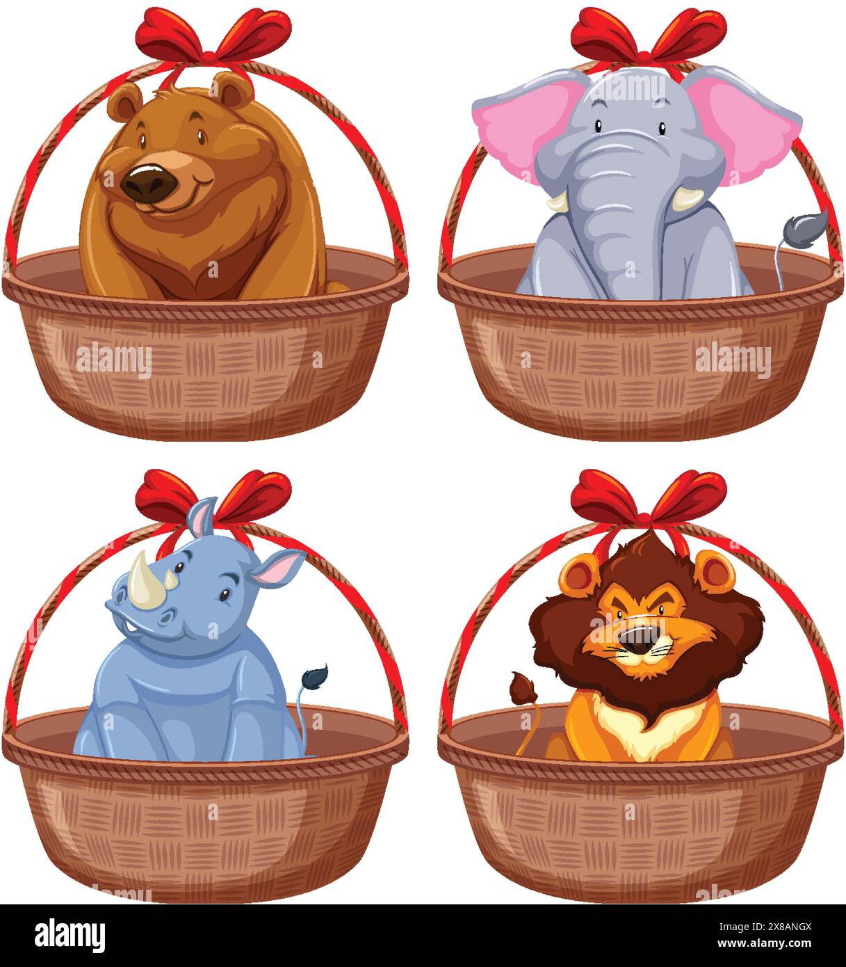 Four cartoon animals in individual wicker baskets Stock Vector Image ...
