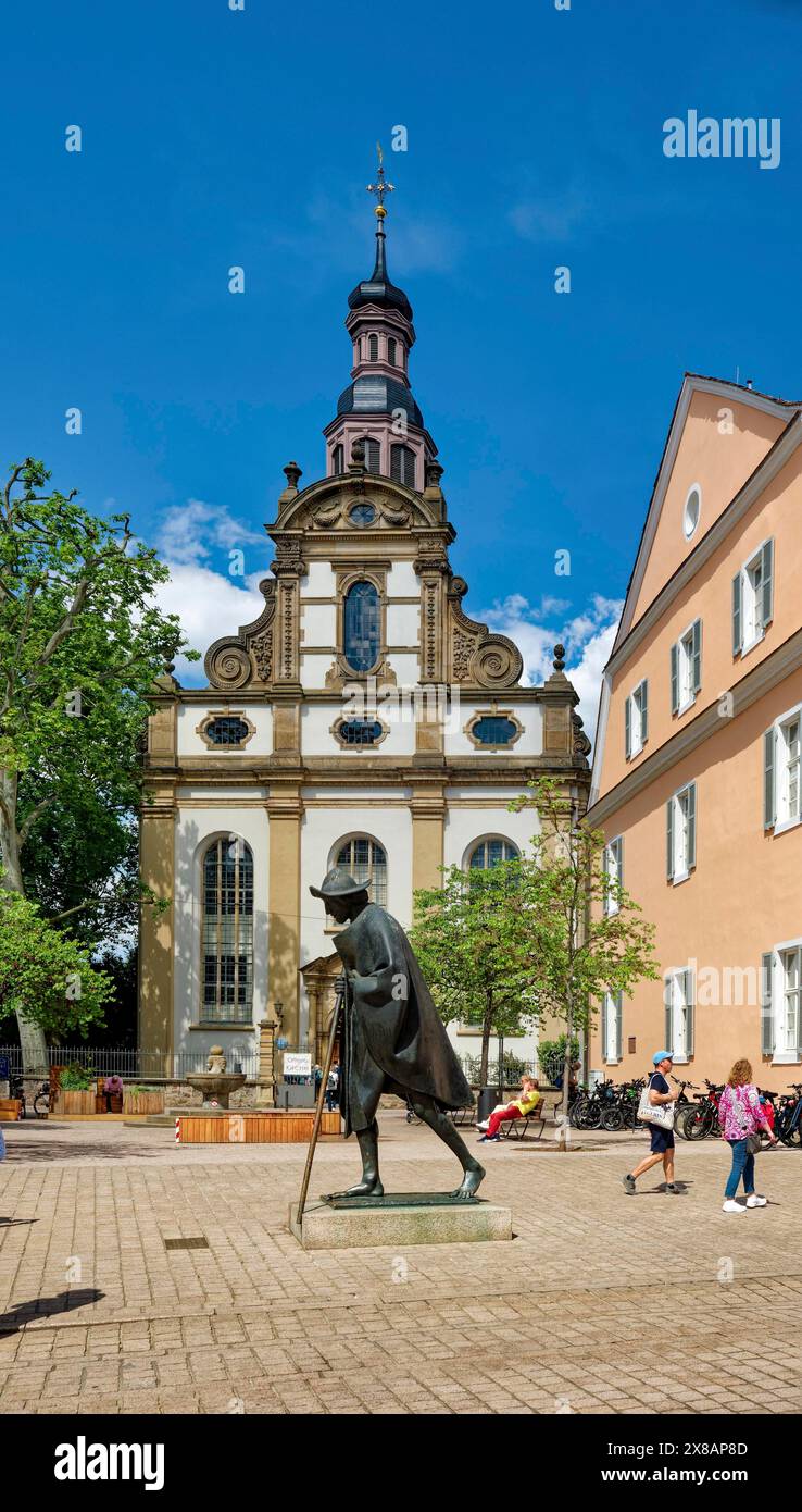 Statue of St James pilgrim and Holy Trinity Church at Geschirrplätzel ...