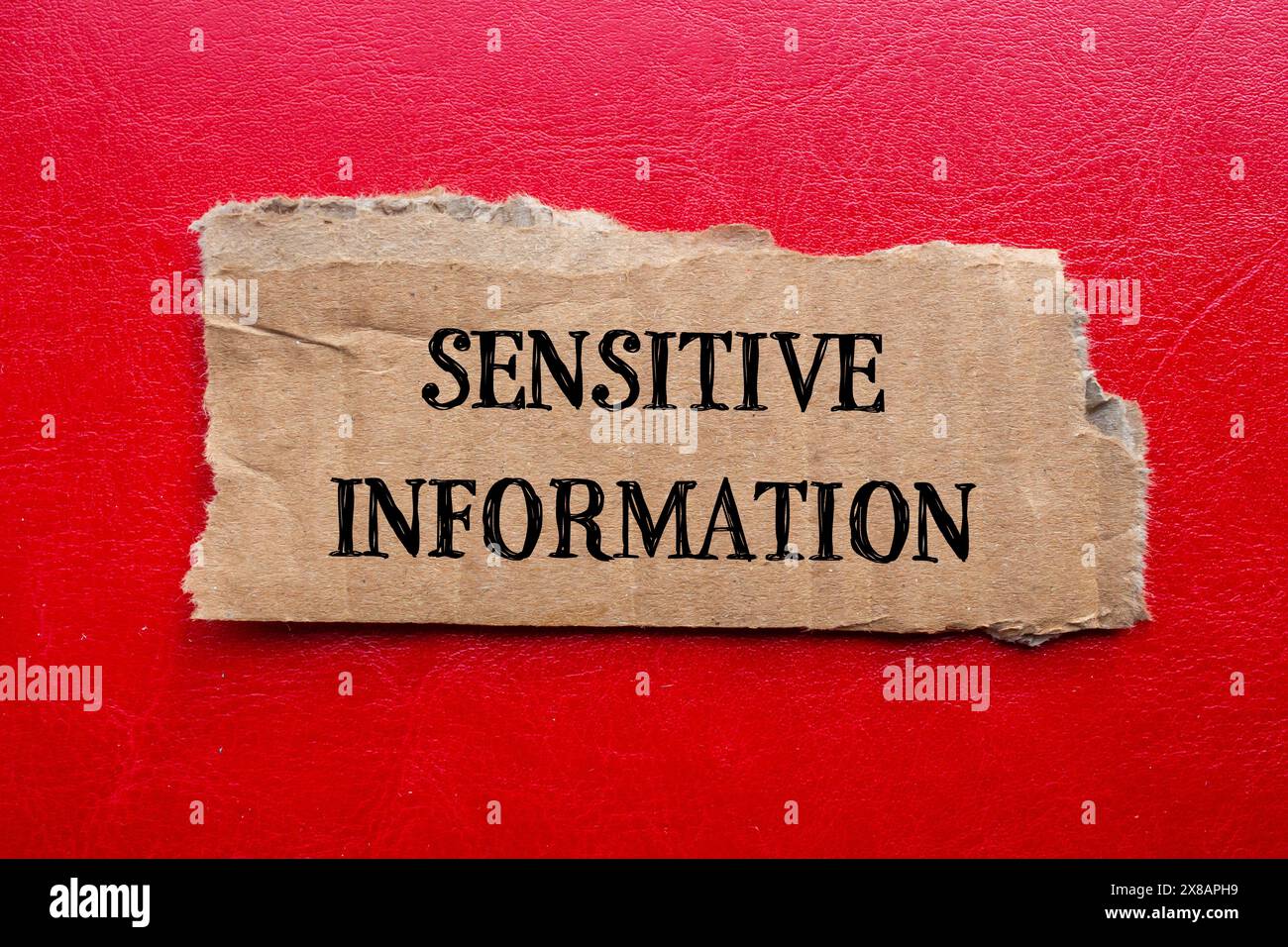 Sensitive information words written on ripped cardboard paper piece ...