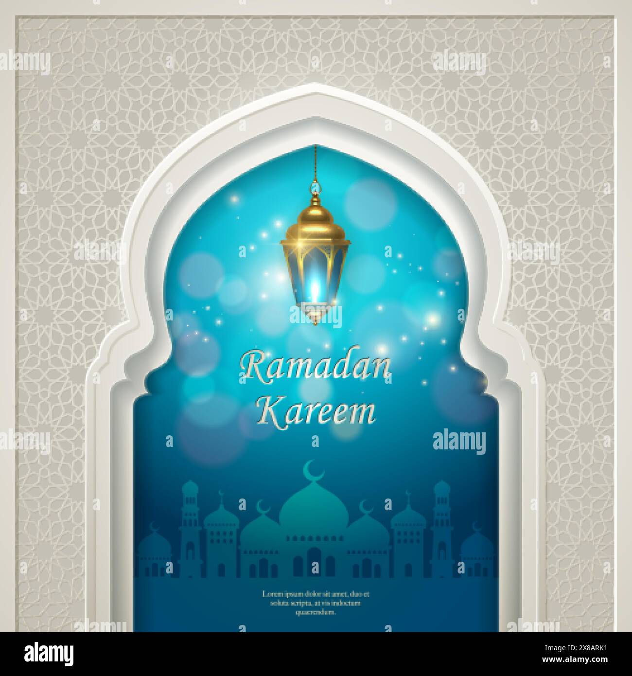 3D Islamic golden lantern and traditional curve arch background with ...