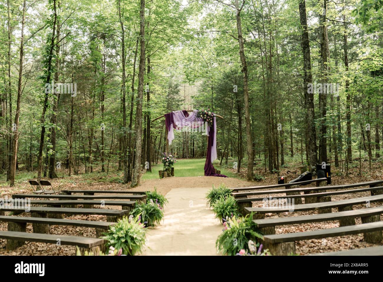 Outdoor wedding ceremony setup in a forest with a purple-draped altar ...