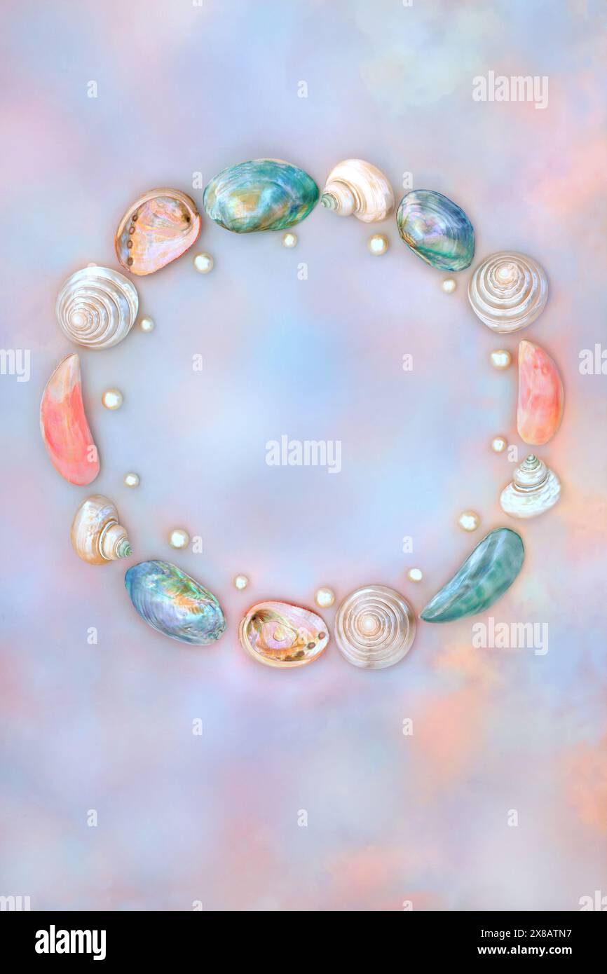 Shell and pearl abstract wreath with collection of shells on rainbow ...