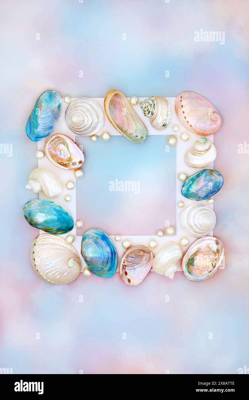 Shell and pearl abstract background frame on rainbow sky with a variety ...