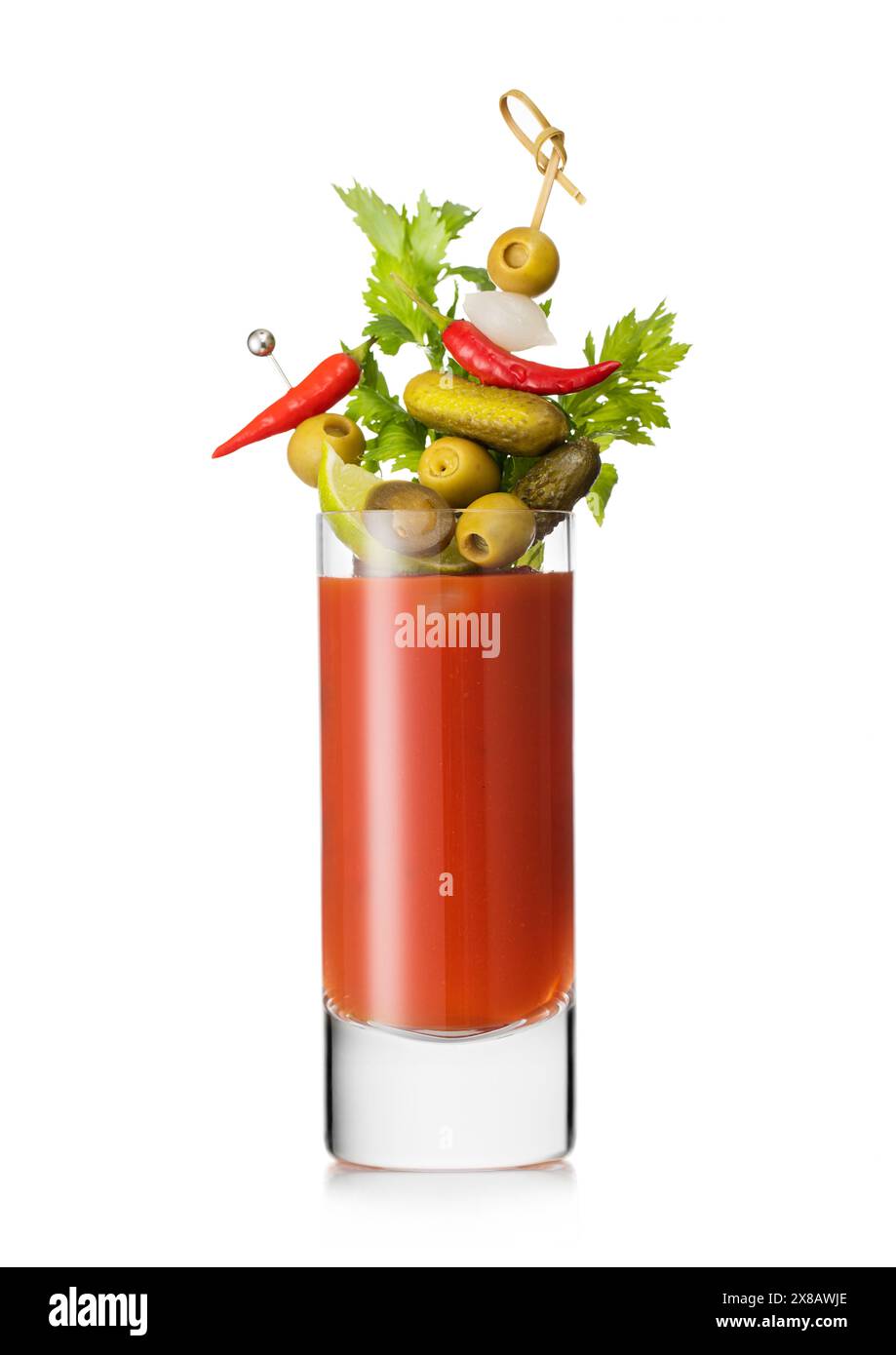 Large bloody mary cocktail with stick and pickles,celery,olives,pepper ...