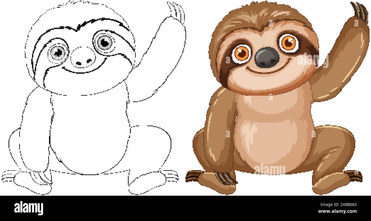 Adorable sloth waving in color and outline Stock Vector Image & Art - Alamy