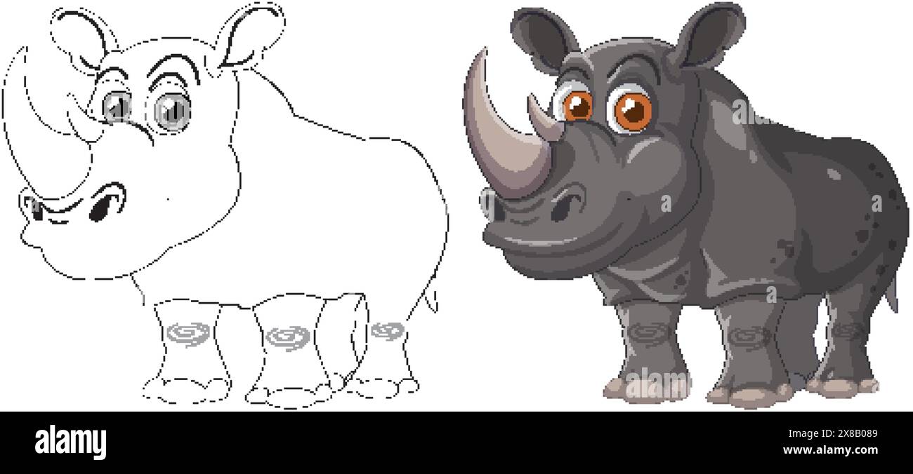 Adorable rhino in color and outline versions Stock Vector Image & Art ...