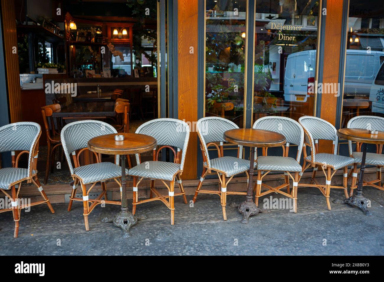 Paris, France, Close up, Parisian French Cafe Tables on Terrace Outside ...