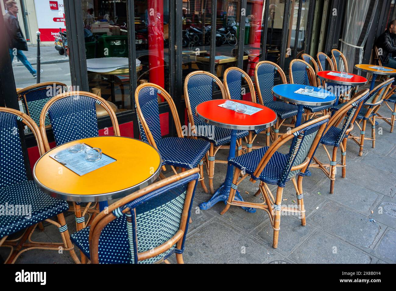 Paris, France, Close up, Parisian French Cafe Tables on Terrace Outside ...
