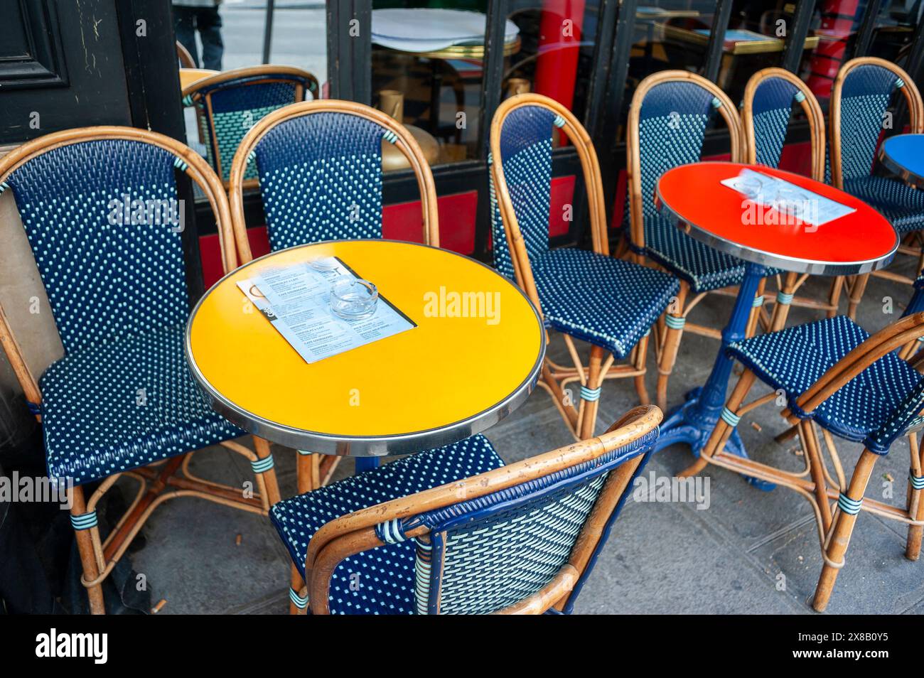 Paris, France, Close up, Parisian French Cafe Tables on Terrace Outside ...