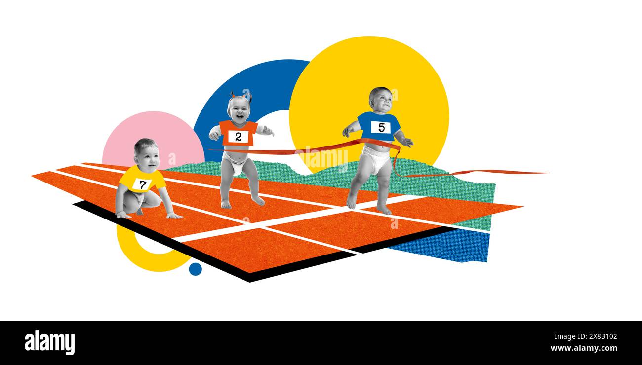 Path to future success. Little babies, toddlers running on marathon on ...